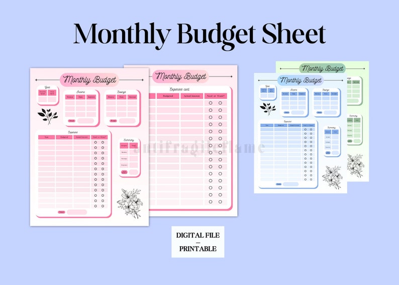 Monthly Budget Sheet Tracker - PRINTABLE - Pink, Green, Blue Variations ...