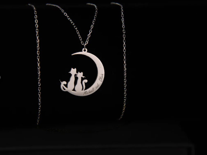 Cats on the Crescent Moon Necklace for Her Dainty Moon Pendant With Two ...