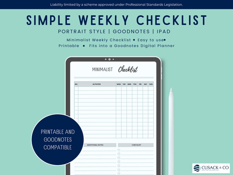 Weekly Checklist Printable Template Digital Template for iPad and ...