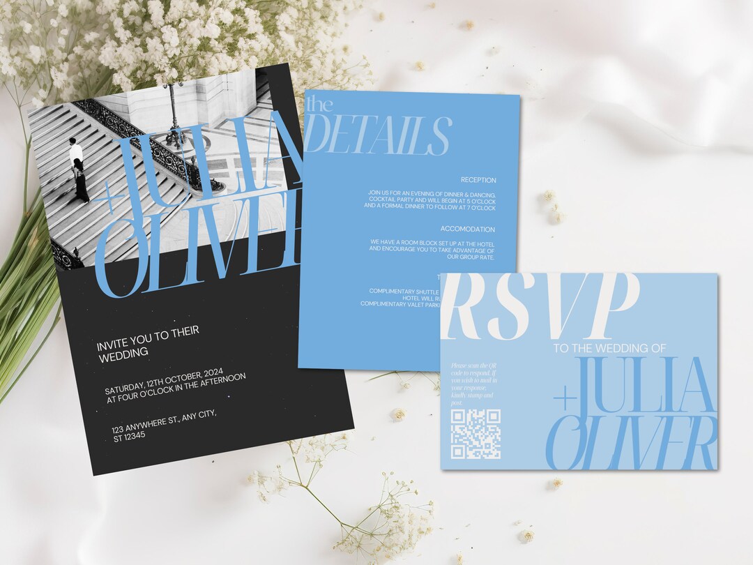 Blue Wedding Invitation With QR Code, Customizable Minimal Modern ...