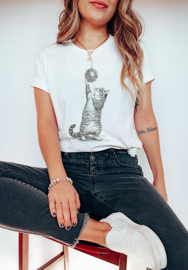 Vintage Cat Playing With Disco Ball Shirt, Cute Vintage Style Cat Shirt ...