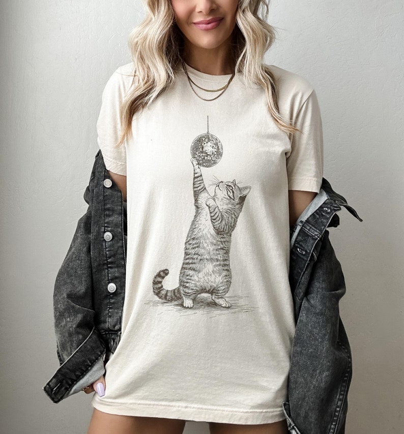 Vintage Cat Playing With Disco Ball Shirt, Cute Vintage Style Cat Shirt ...