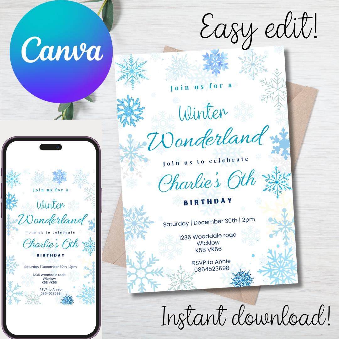 Blue Snowflakes Birthday Invitation Girl or Boy Editable Template ...