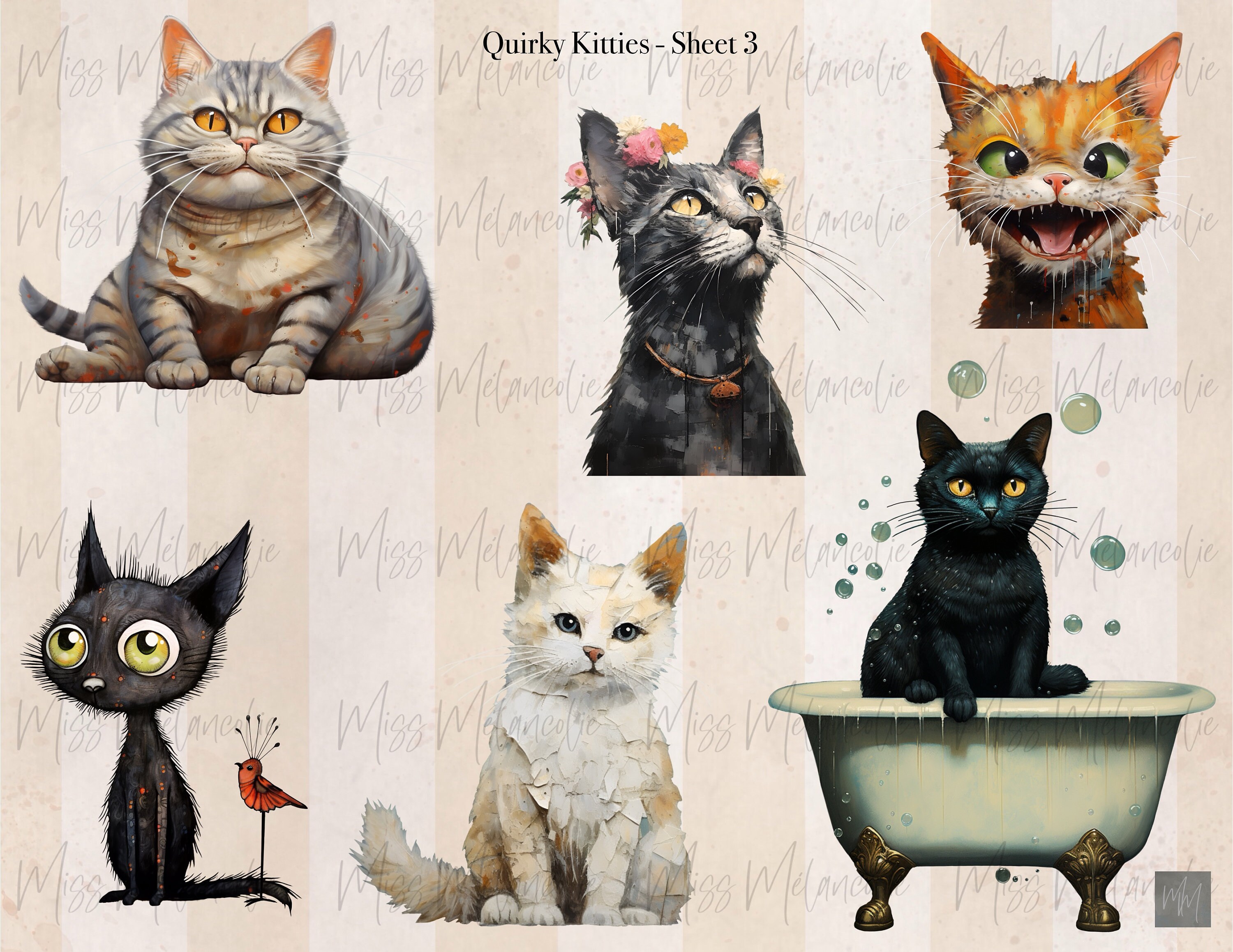 26 Whimsical Quirky Cats Bundle Png, Clipart, Junk Journal Collage ...