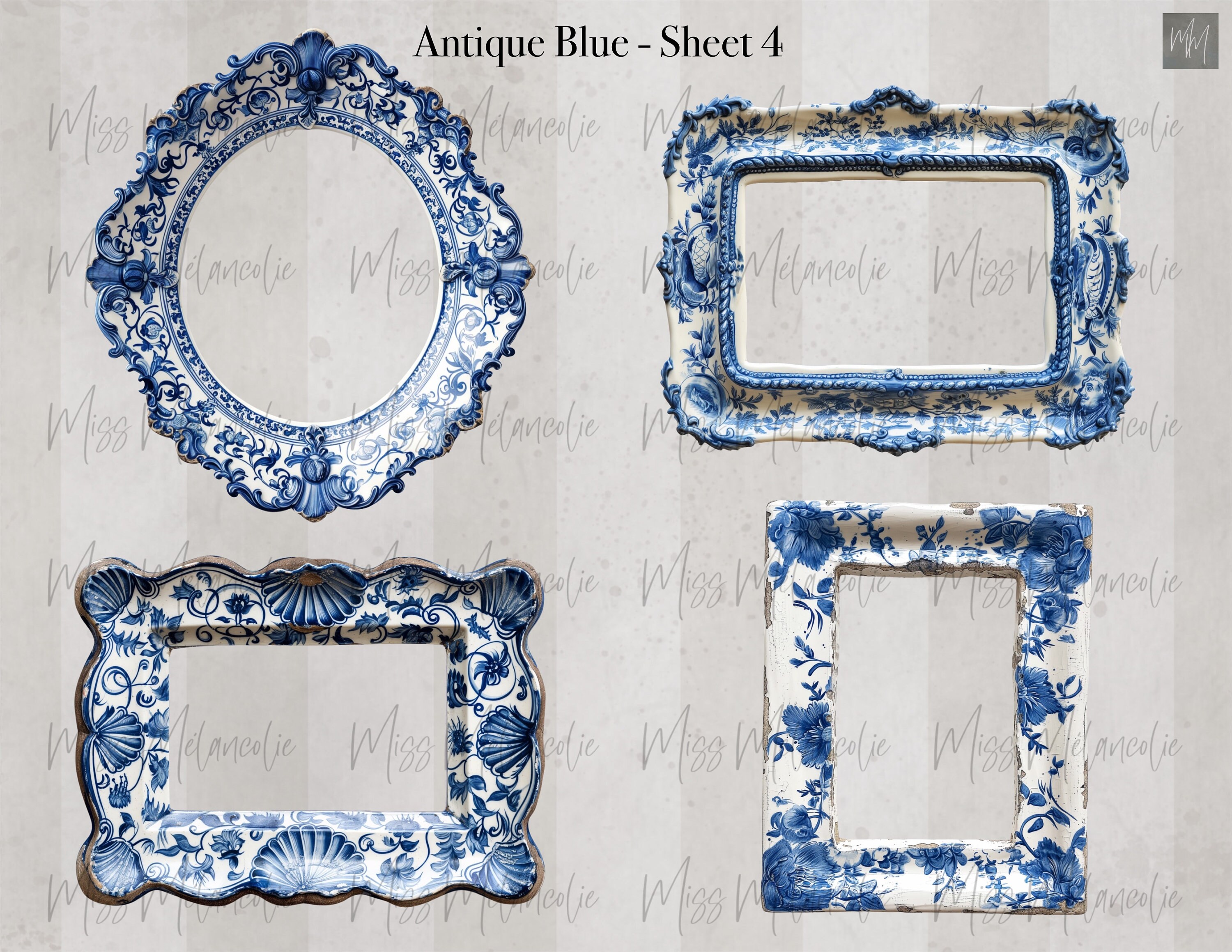 22 Vintage Blue & White Delft China Photo Frame Bundle Png, Old Artful ...