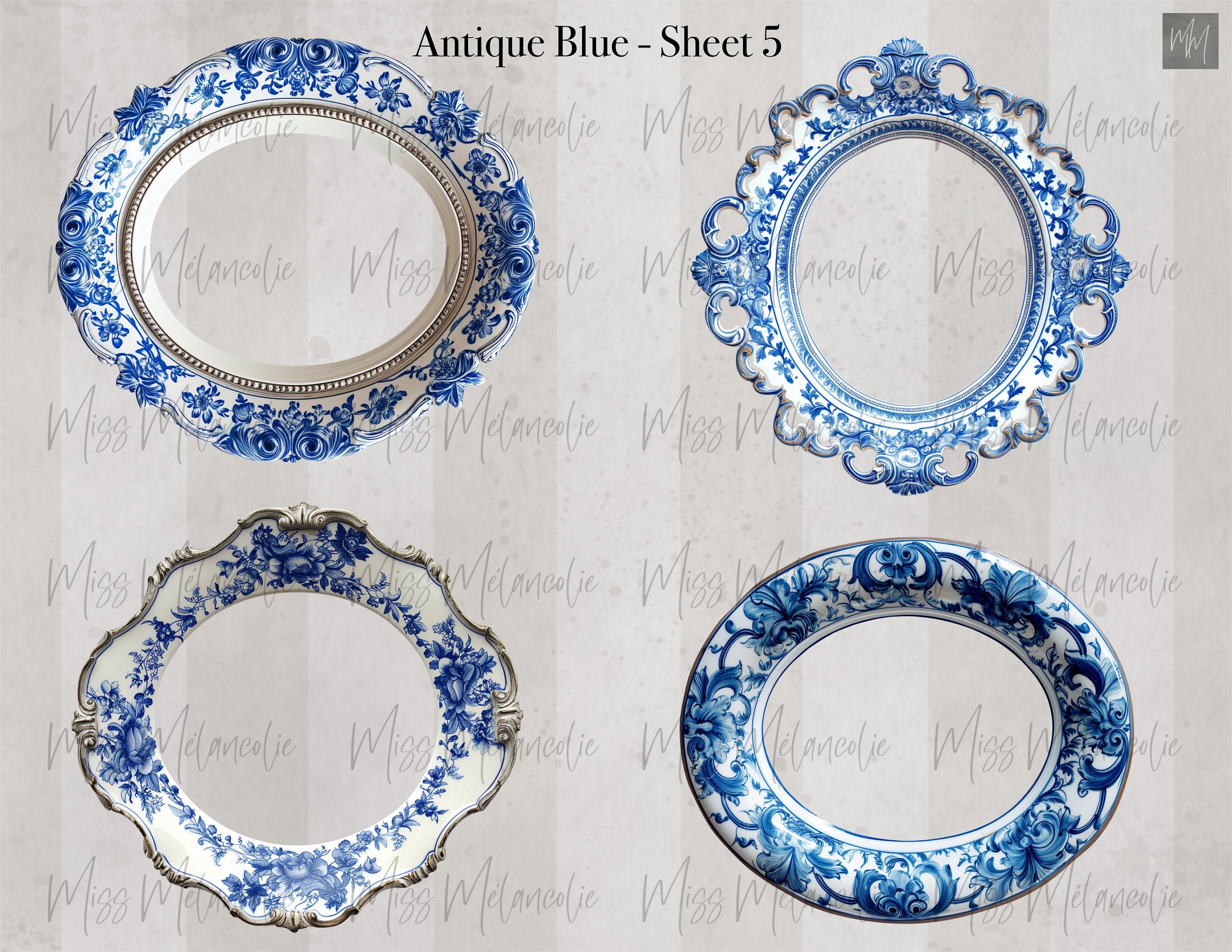 22 Vintage Blue & White Delft China Photo Frame Bundle Png, Old Artful ...