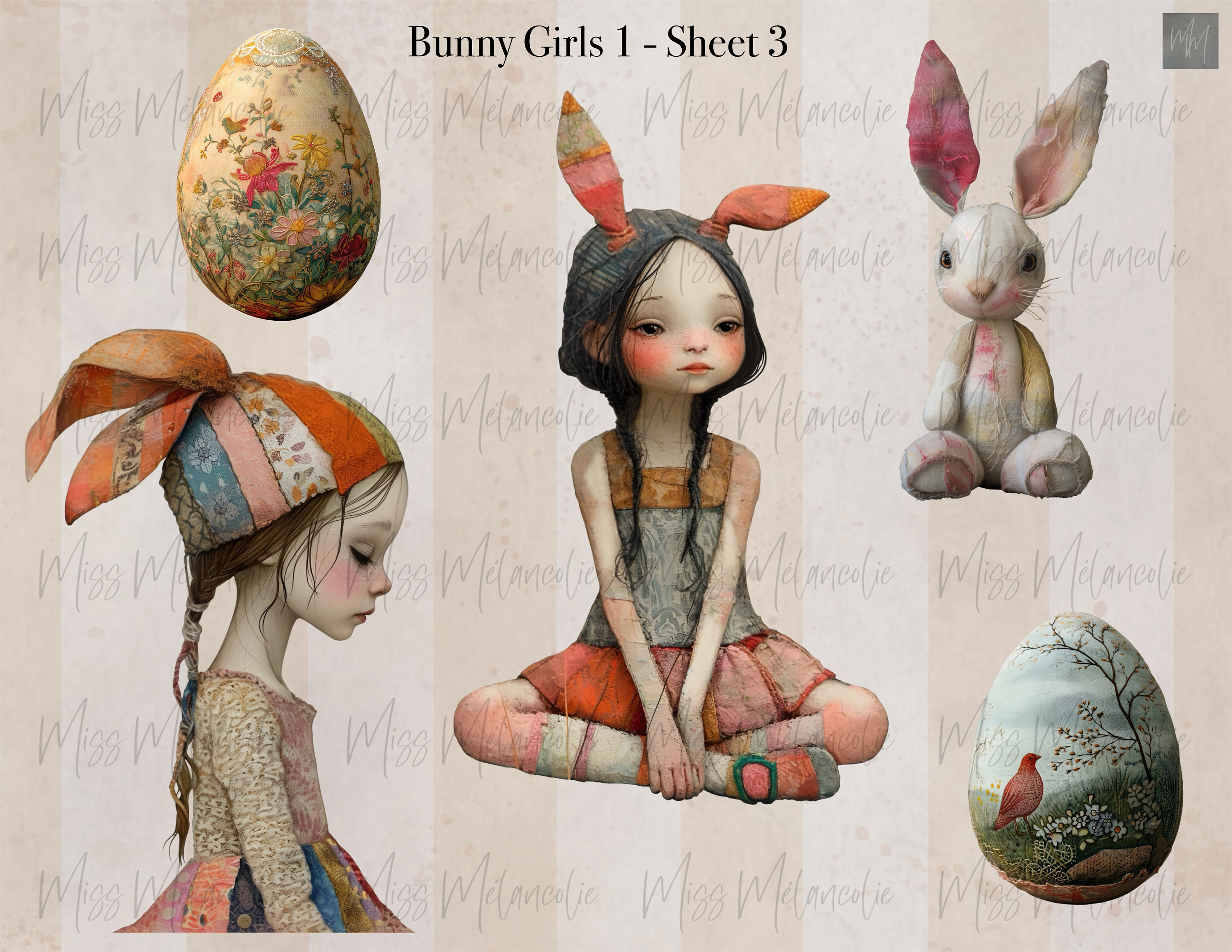 22 Cute Bunny Girls With Embroidered Eggs Png, Rabbit Ephemera Bundle ...