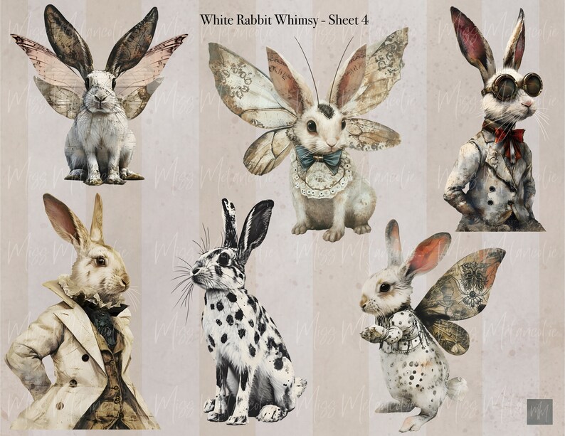 38 Whimsical Winged White Rabbit Ephemera Png, Steampunk Bunny Bundle ...