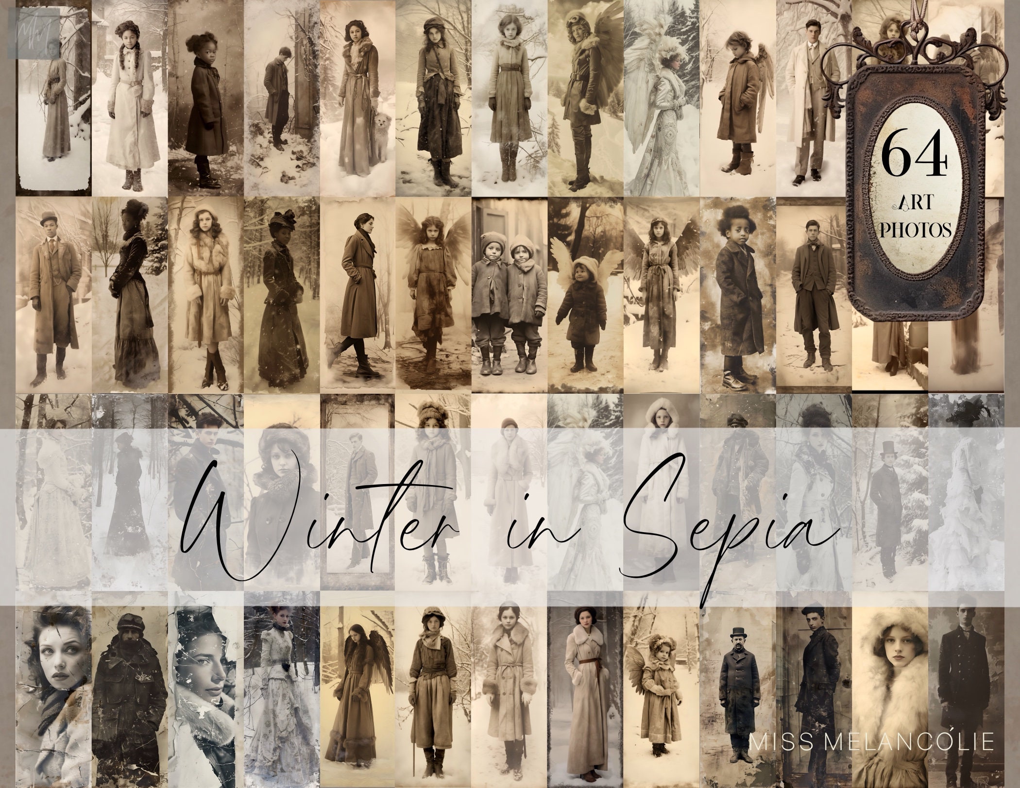 64 Vintage Sepia Winter Portrait Photos Kit. Distressed Artful ...