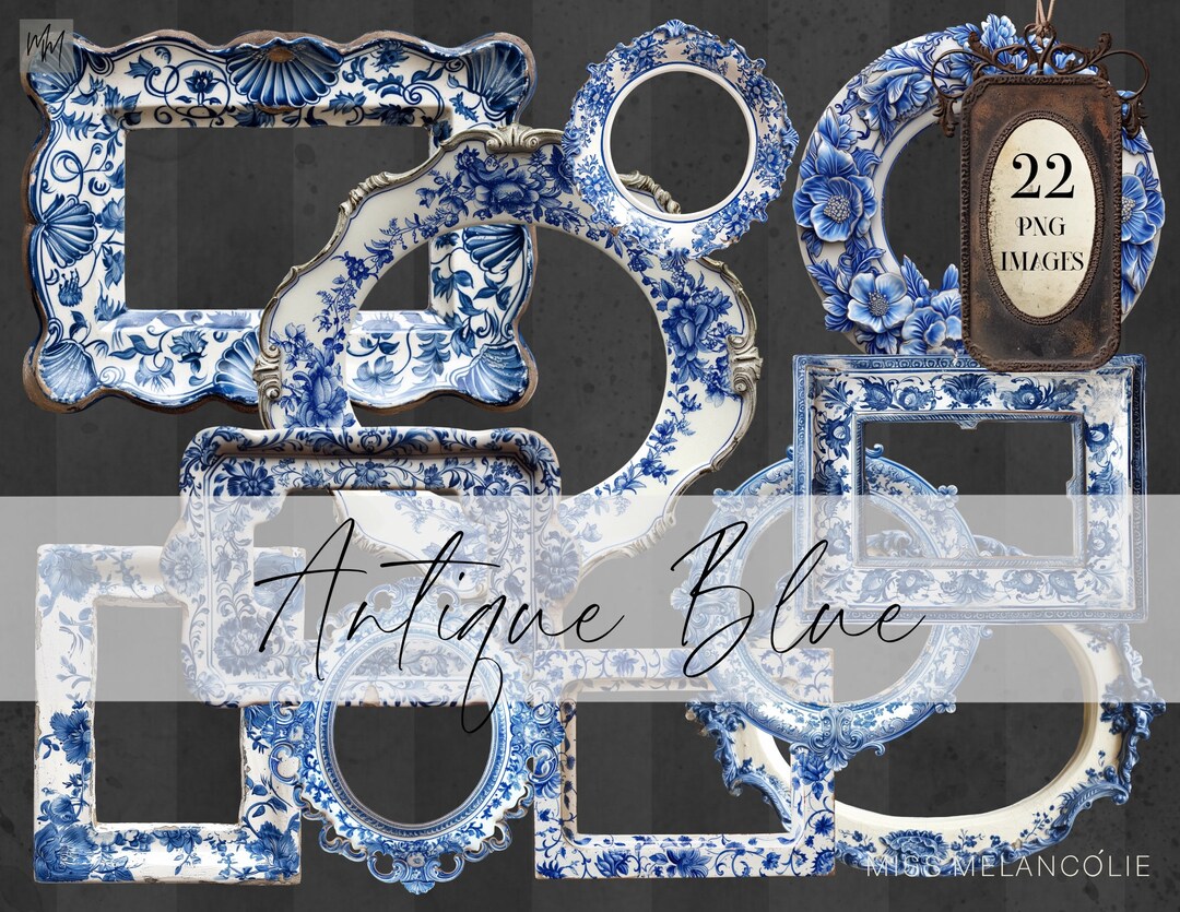 22 Vintage Blue & White Delft China Photo Frame Bundle Png, Old Artful ...
