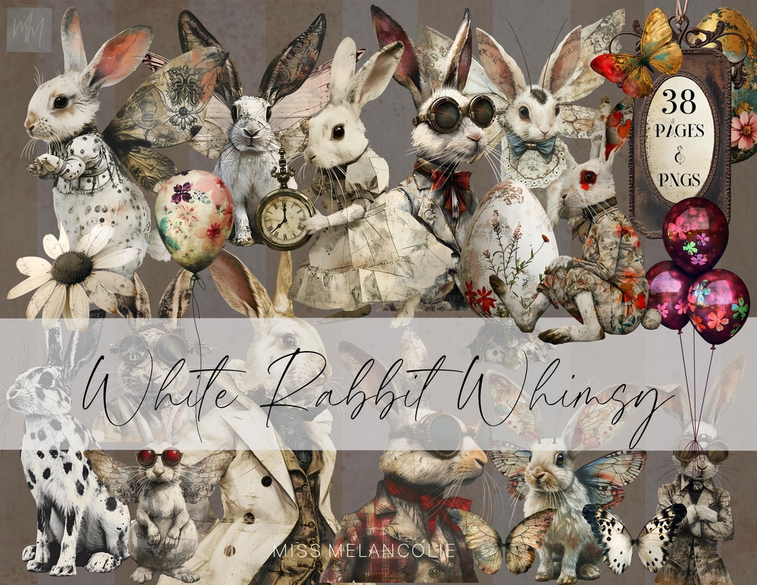 38 Whimsical Winged White Rabbit Ephemera Png, Steampunk Bunny Bundle ...