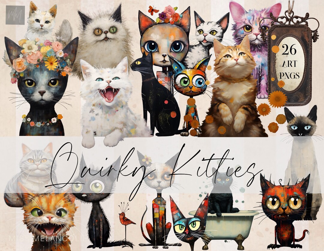 26 Whimsical Quirky Cats Bundle Png, Clipart, Junk Journal Collage ...