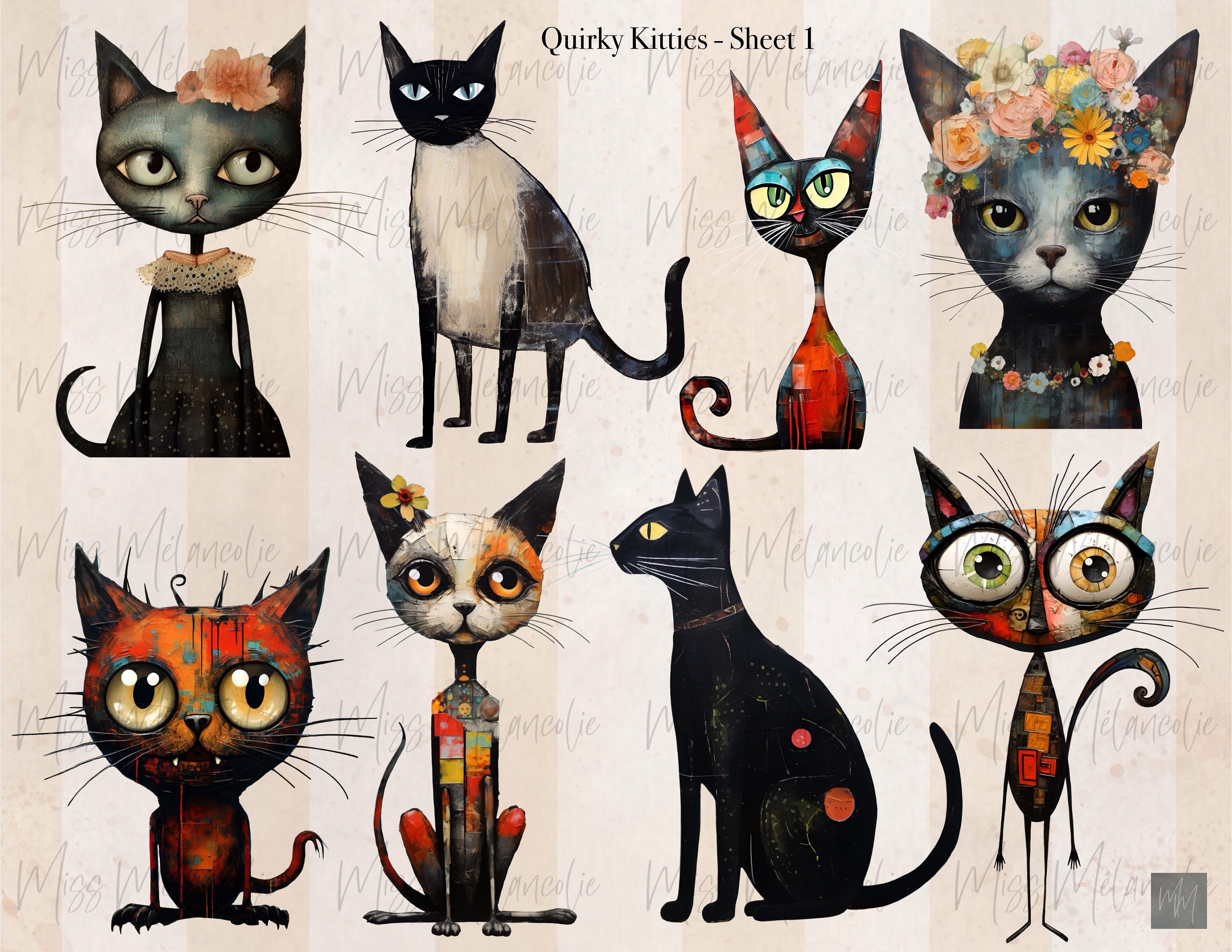 26 Whimsical Quirky Cats Bundle Png, Clipart, Junk Journal Collage ...