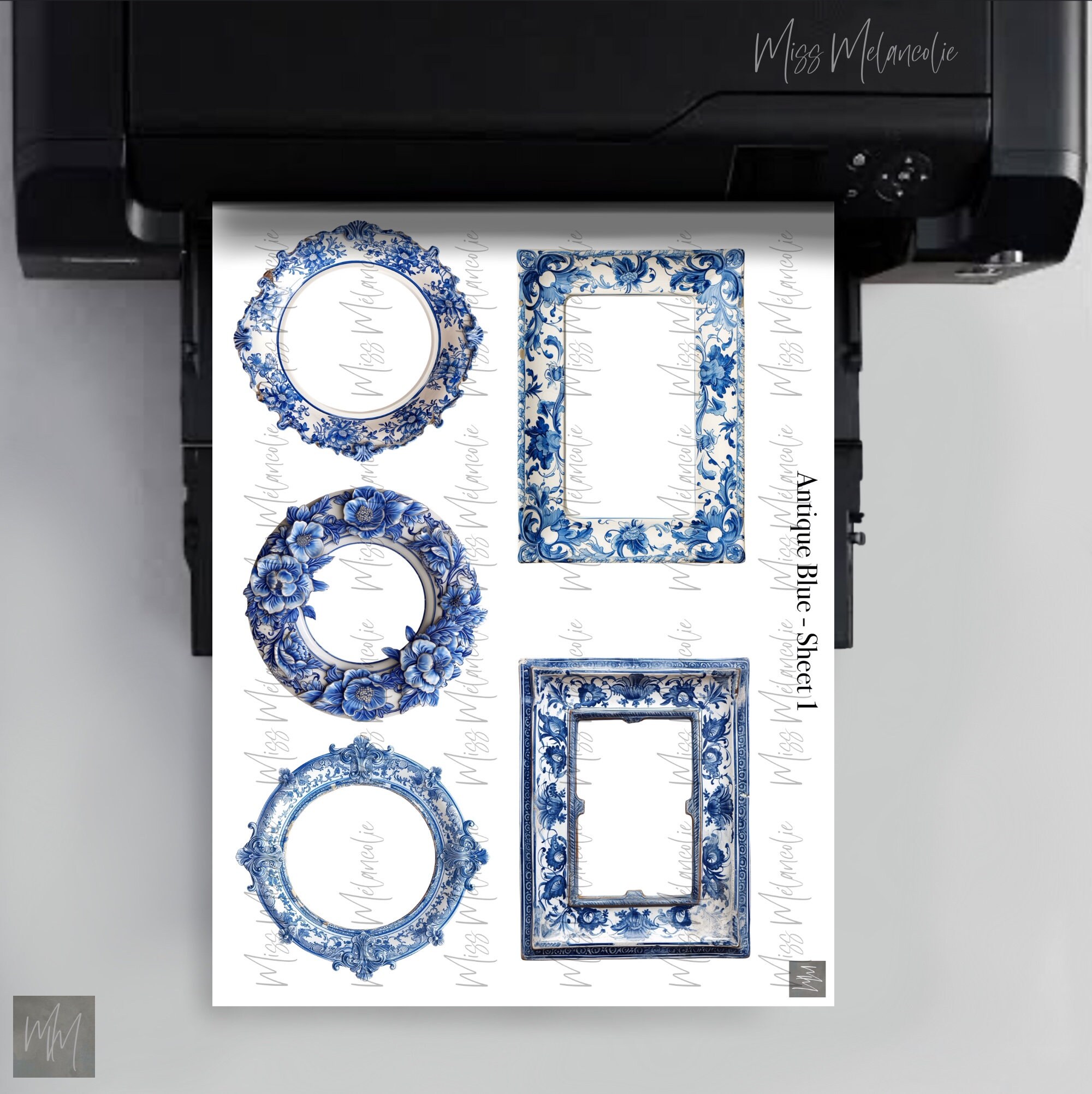 22 Vintage Blue & White Delft China Photo Frame Bundle Png, Old Artful ...
