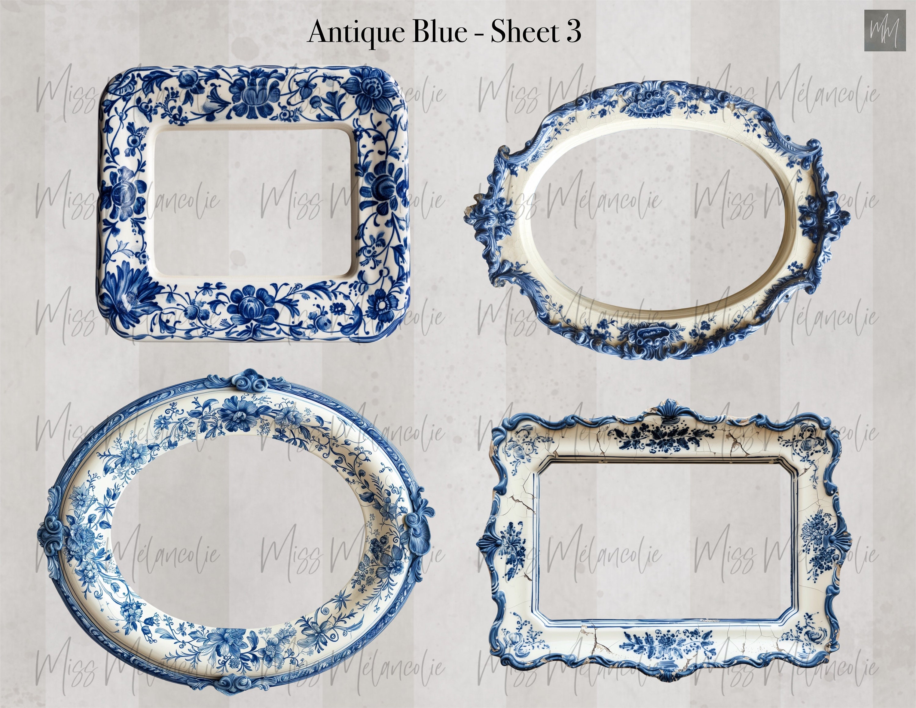 22 Vintage Blue & White Delft China Photo Frame Bundle Png, Old Artful ...