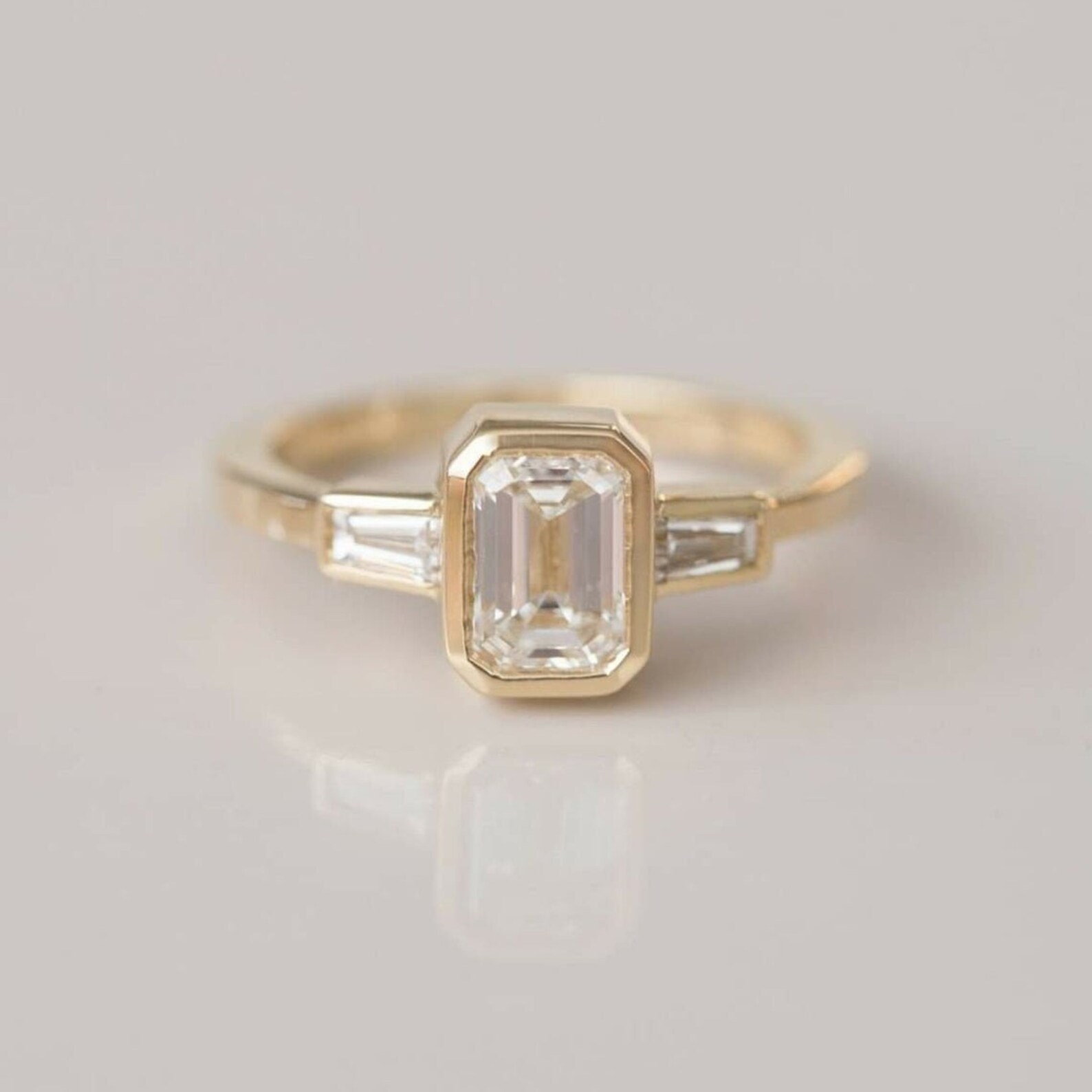 2.0 Ct Emerald Cut Bezel Set Wedding Ring, Three Stone Engagement Ring ...
