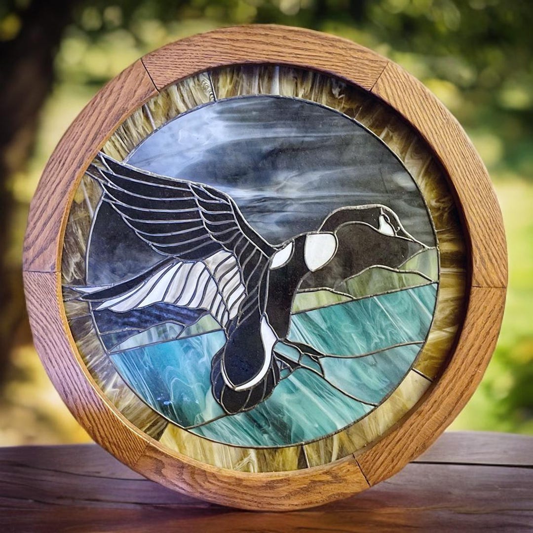 Beautiful Large Stained Glass Canadian Goose Scene Set in Solid Oak ...