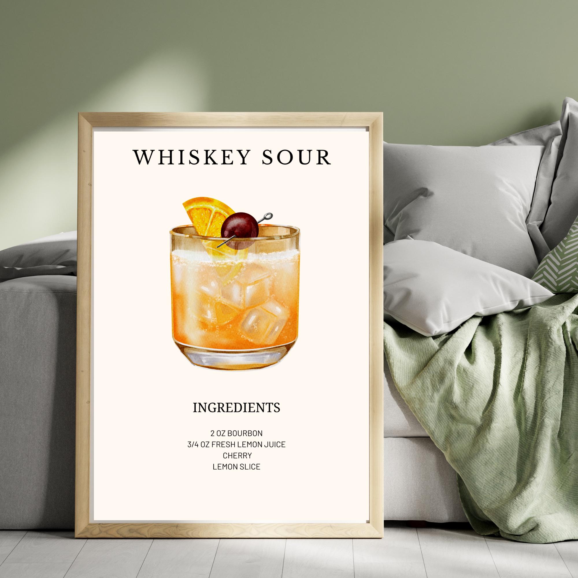 Whiskey Sour Art Print, Bar Cart Decor, Cocktail Art Poster, Signature ...
