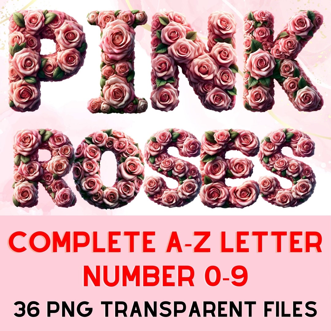 Floral Alphabet & Number Clipart Set - Pink Roses Watercolor A-Z, 0-9 ...