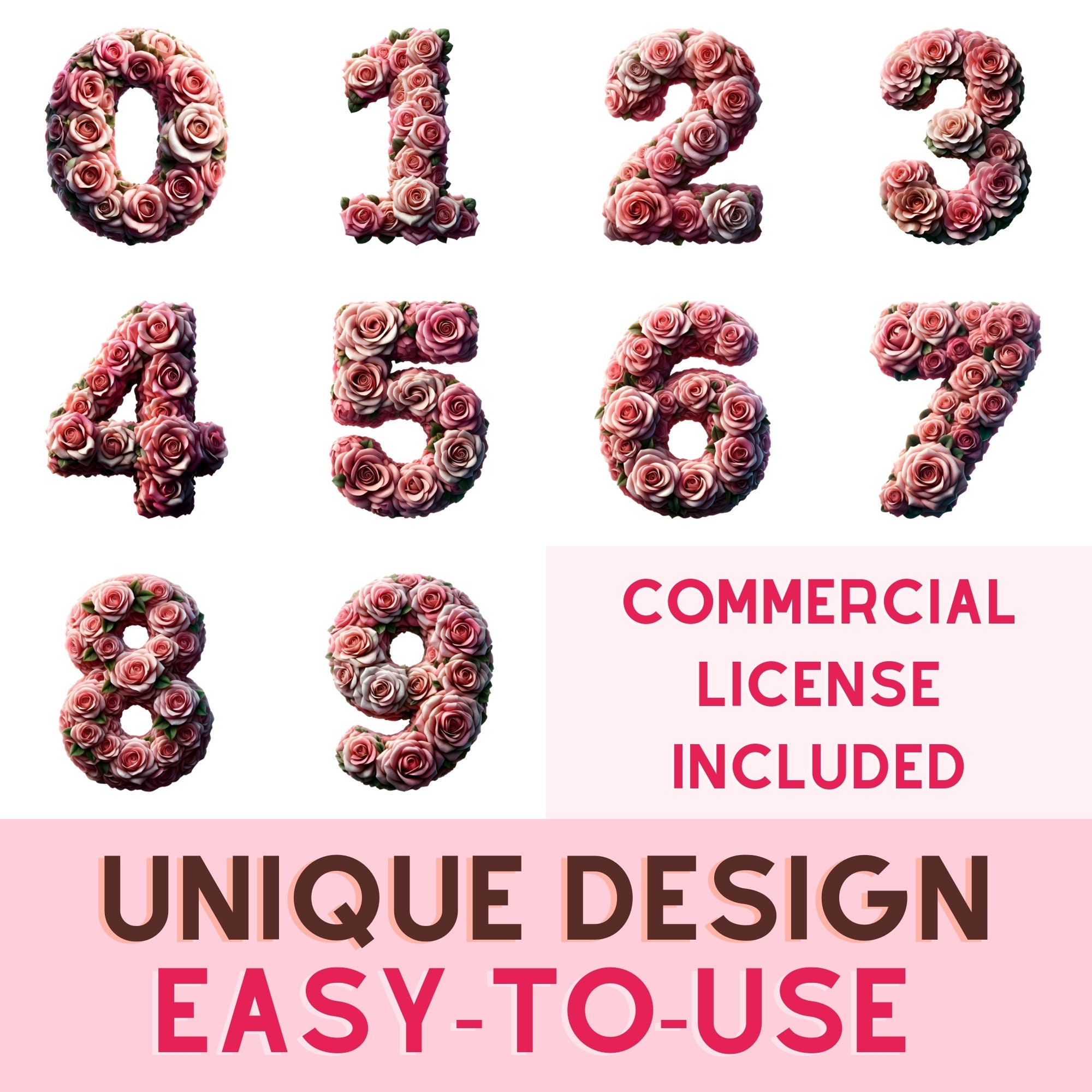 Floral Alphabet & Number Clipart Set Pink Roses Watercolor A-Z, 0-9 PNG ...