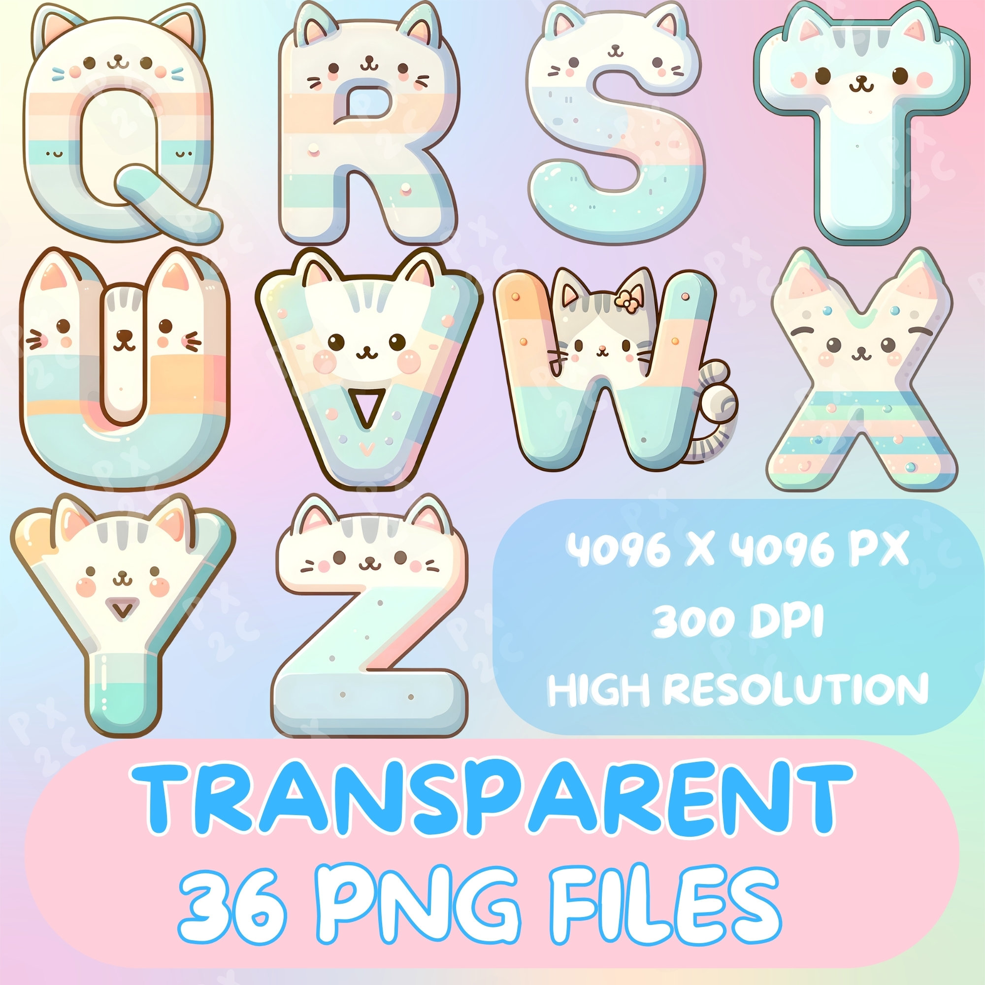 Pastel Watercolor Cat Alphabet & Numbers: Transparent PNG (digital ...