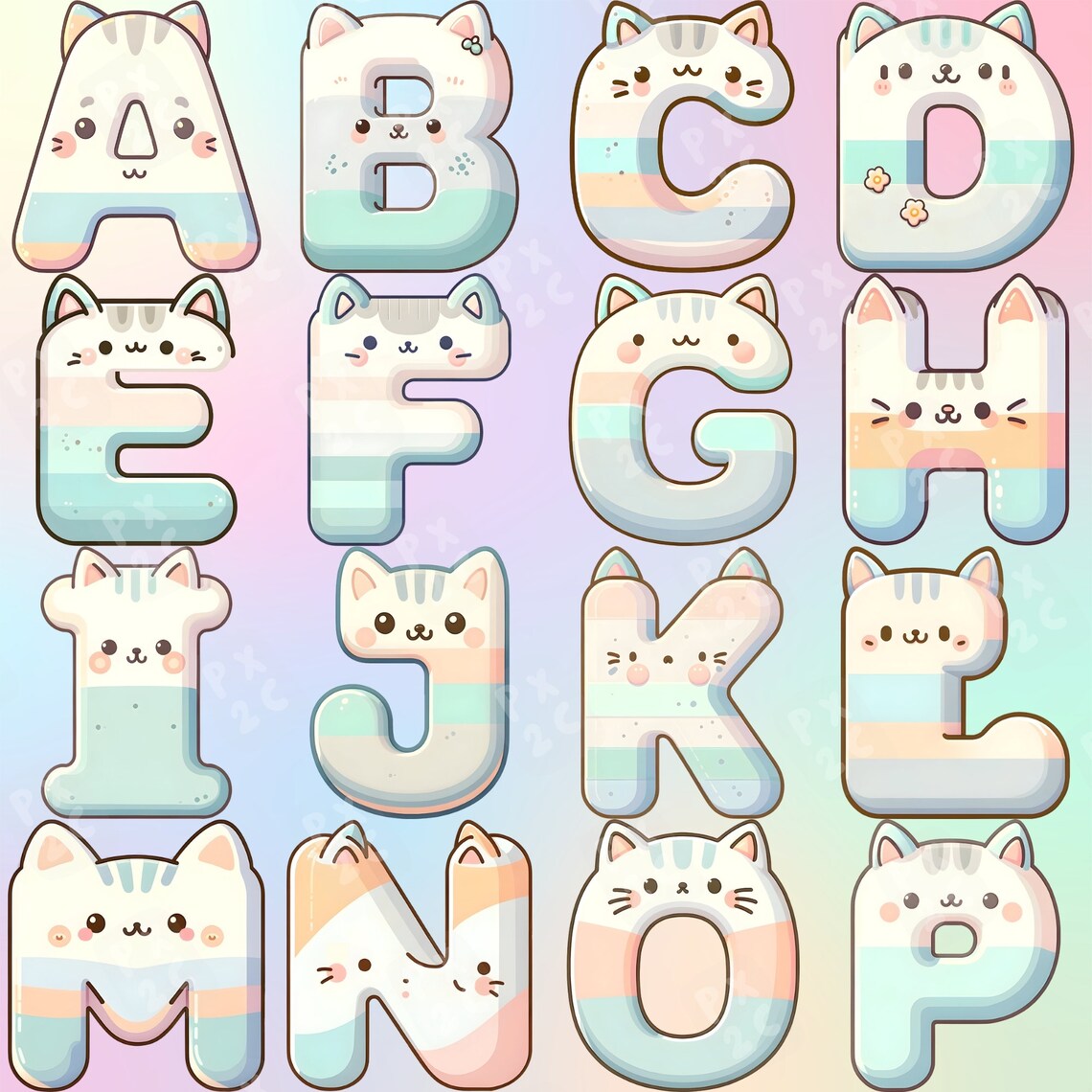 Pastel Watercolor Cat Alphabet & Numbers Set - A-Z, 0-9 Transparent PNG ...