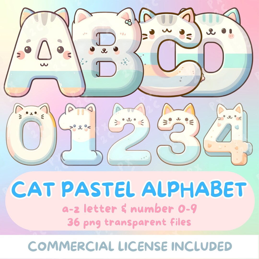 Pastel Watercolor Cat Alphabet & Numbers Set - A-Z, 0-9 Transparent PNG ...