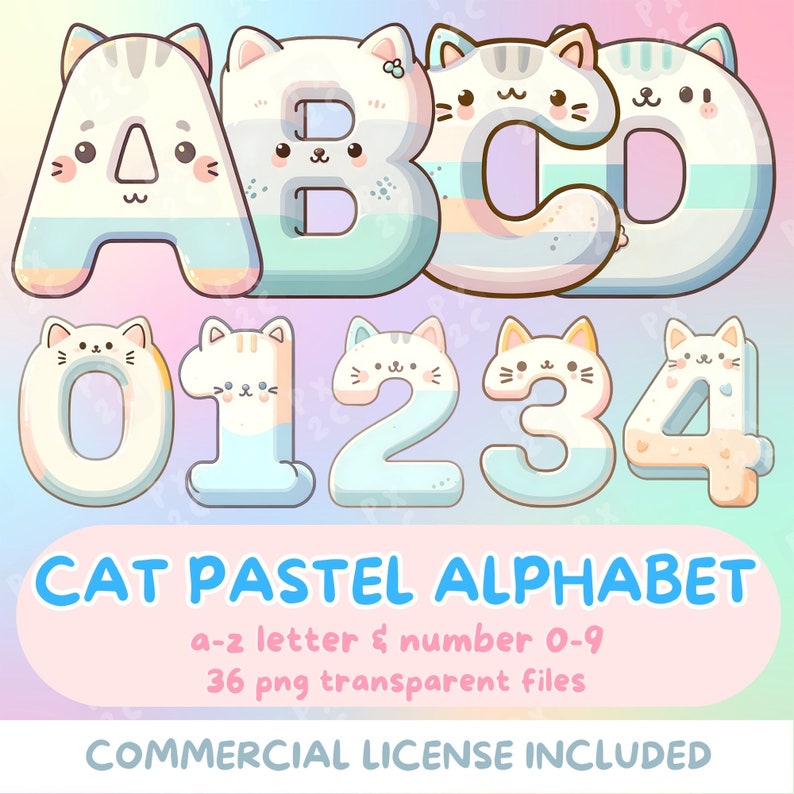 Pastel Watercolor Cat Alphabet & Numbers Set - A-Z, 0-9 Transparent PNG ...