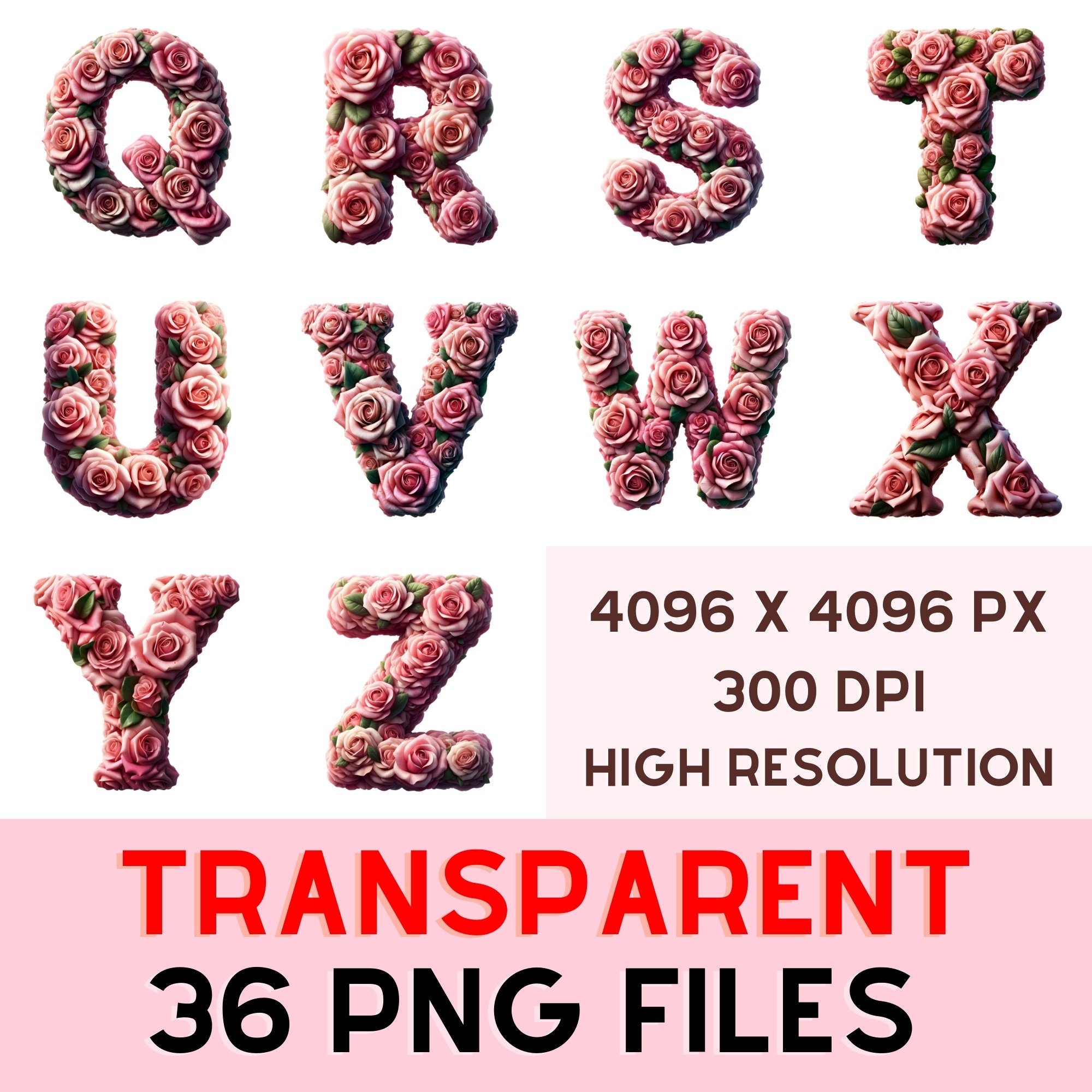 Floral Alphabet & Number Clipart Set Pink Roses Watercolor A-Z, 0-9 PNG ...