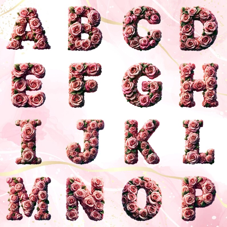 Floral Alphabet & Number Clipart Set - Pink Roses Watercolor A-Z, 0-9 ...