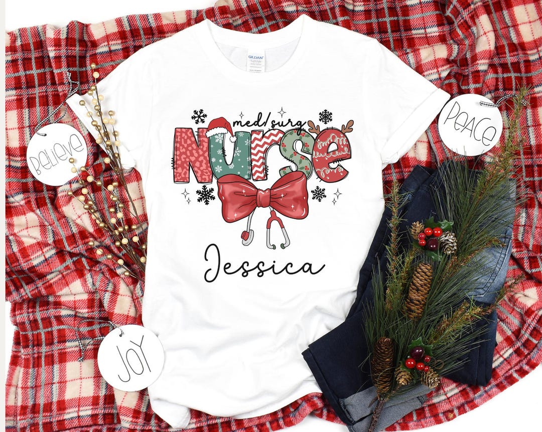 Custom Christmas Med Surg Nurse Shirt, Personalized Cute Bow Medical ...