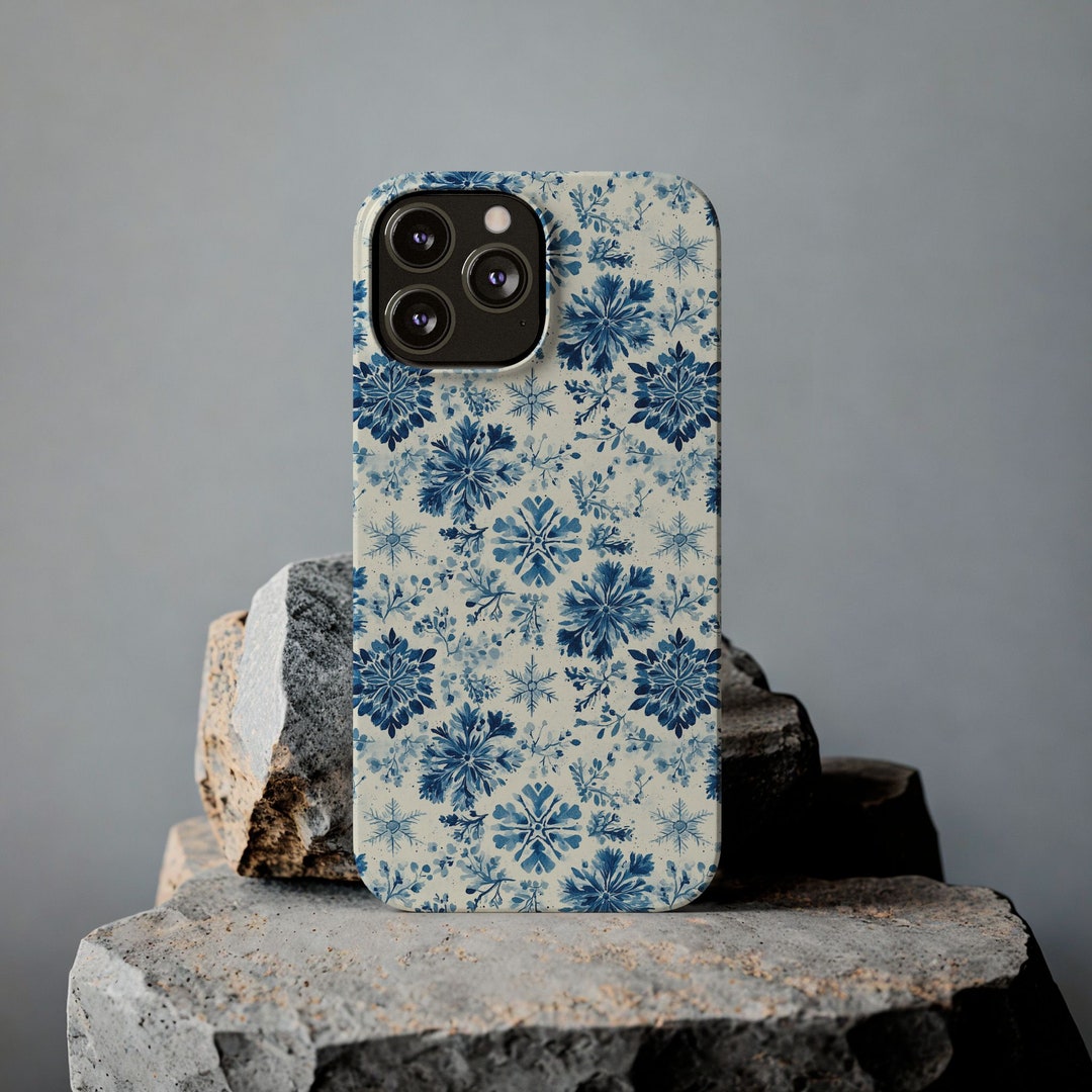 Snowflake Phone Case, Winter Aesthetic Cover, Blue and White Christmas ...