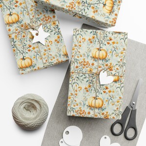 Autumn Pumpkin Floral Wrapping Paper Aesthetic Watercolor Gift Wrap ...