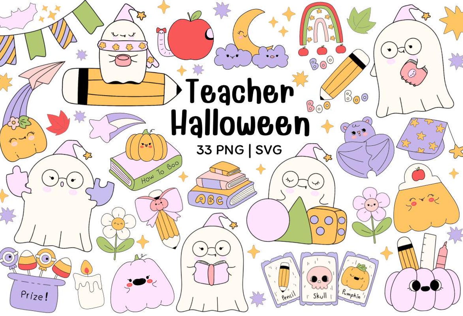 Teacher Halloween Clipart Featuring Cute Ghosts and Pastel Halloween ...