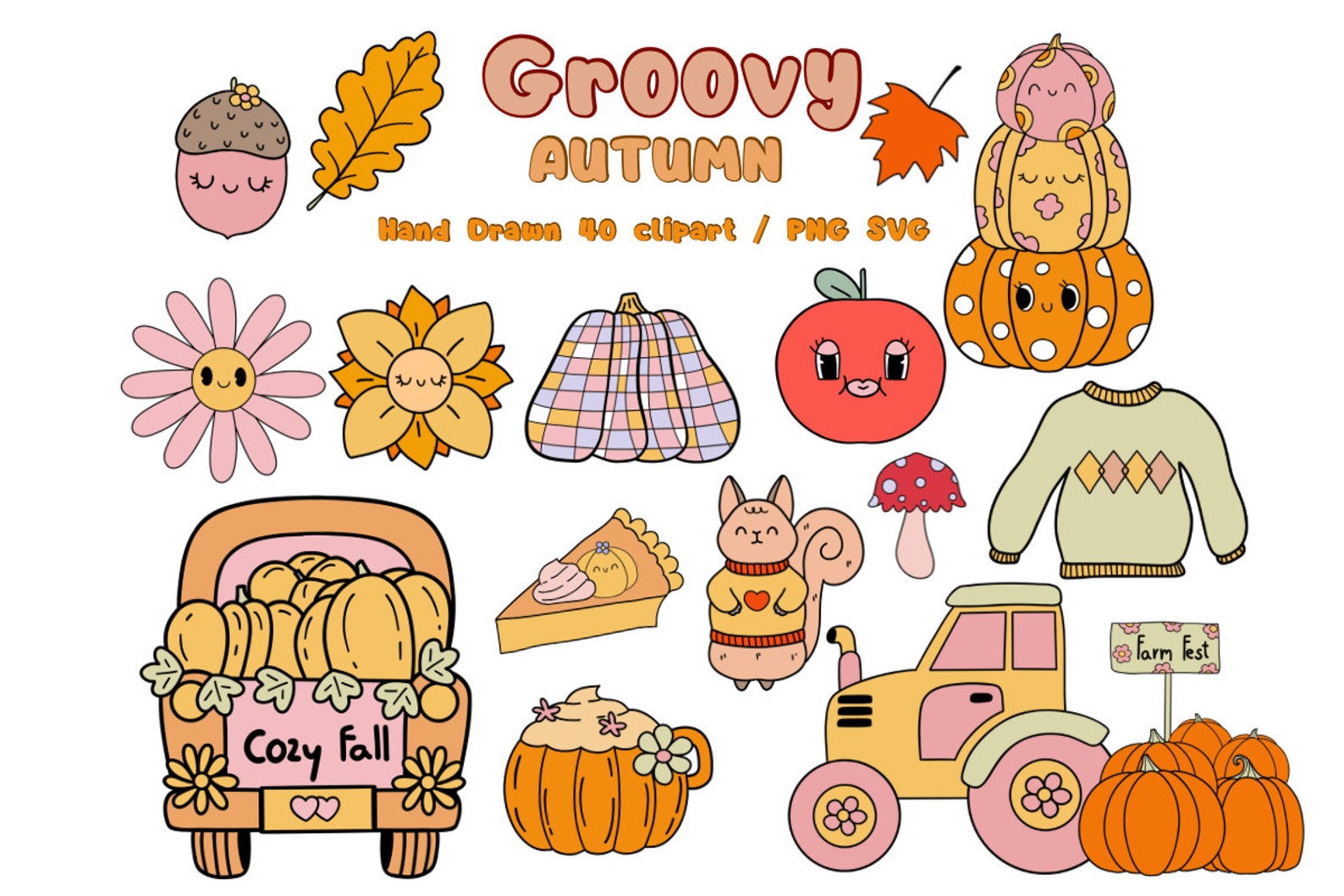 Groovy Autumn Cartoon Clipart-hand-drawn in Retro Style PNG SVG - Etsy