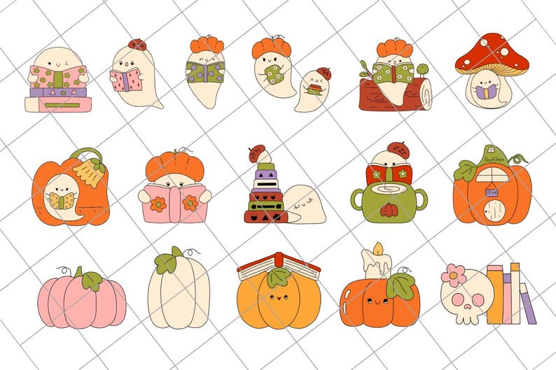 Bookish PNG Halloween Ghosts Cozy Reading Clipart - Retro Spooky Book ...