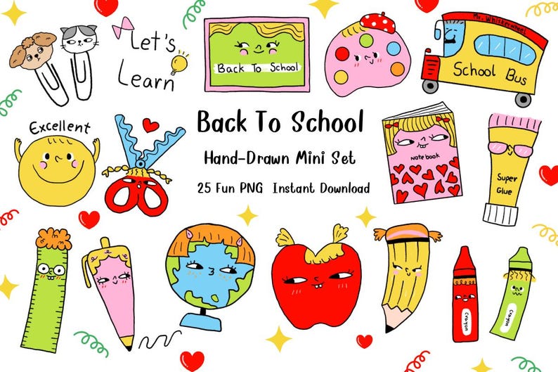 Back to School PNG Clipart – Cute Hand Drawn School Supplies, School ...