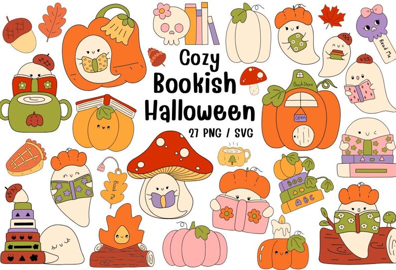 Bookish PNG Halloween Ghosts Cozy Reading Clipart - Retro Spooky Book ...