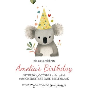 Cute Koala Birthday Bash Invite, Koala Editable Party Invite Template ...