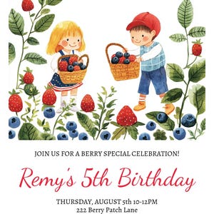Sweet Berry Picking Kids Birthday Party Invitation | Editable U-pick ...