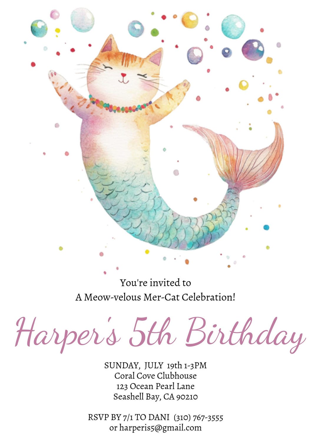 Cute Mercat Birthday Party for Kids, Customizable Mermaid Cat ...