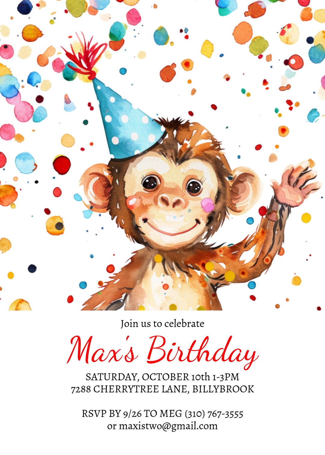 Cute Monkey Happy Birthday Party Invitation, Kids Customizable Birthday ...