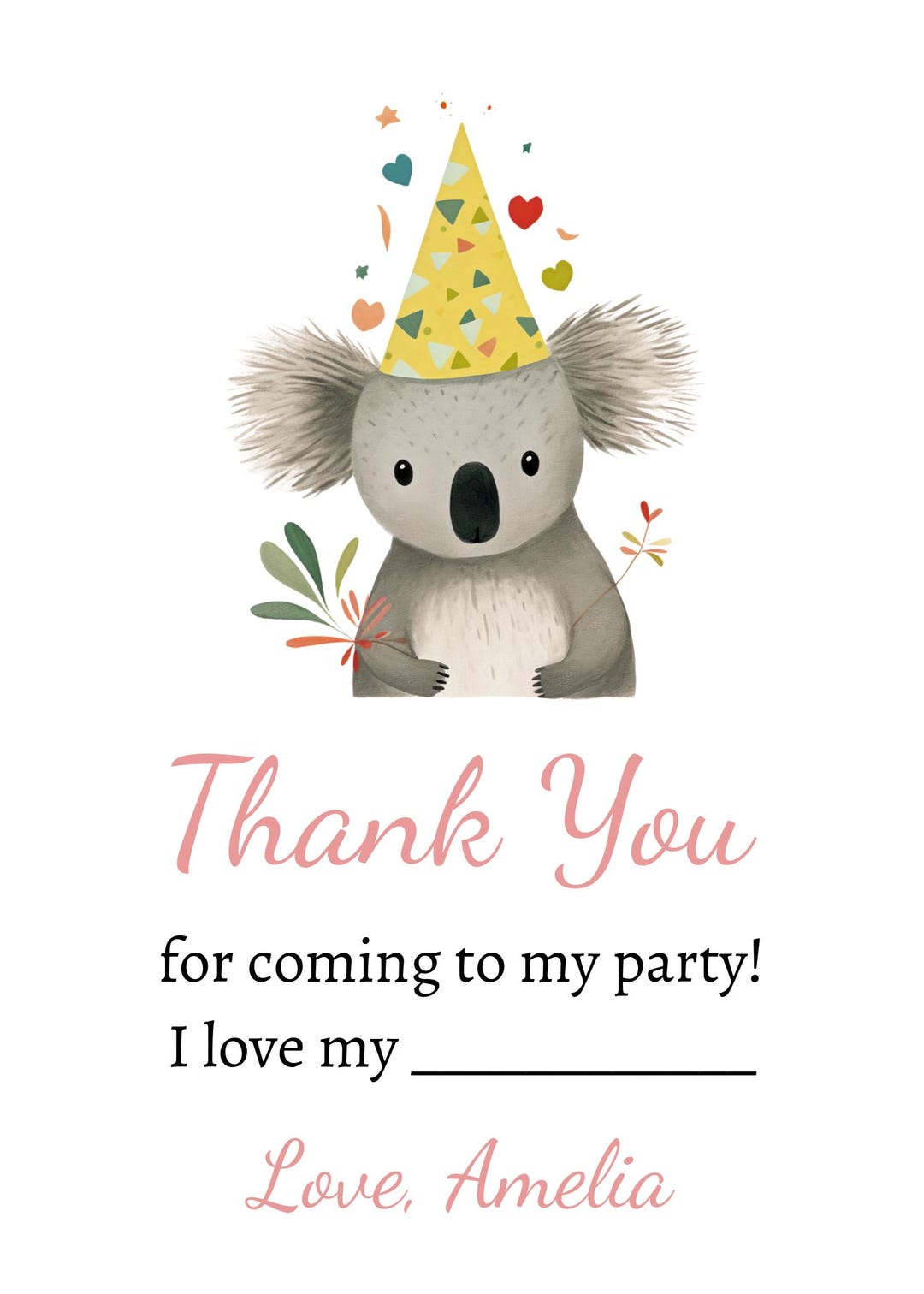 Cute Koala Birthday Bash Thank You Card, Koala Editable Party Thank You ...