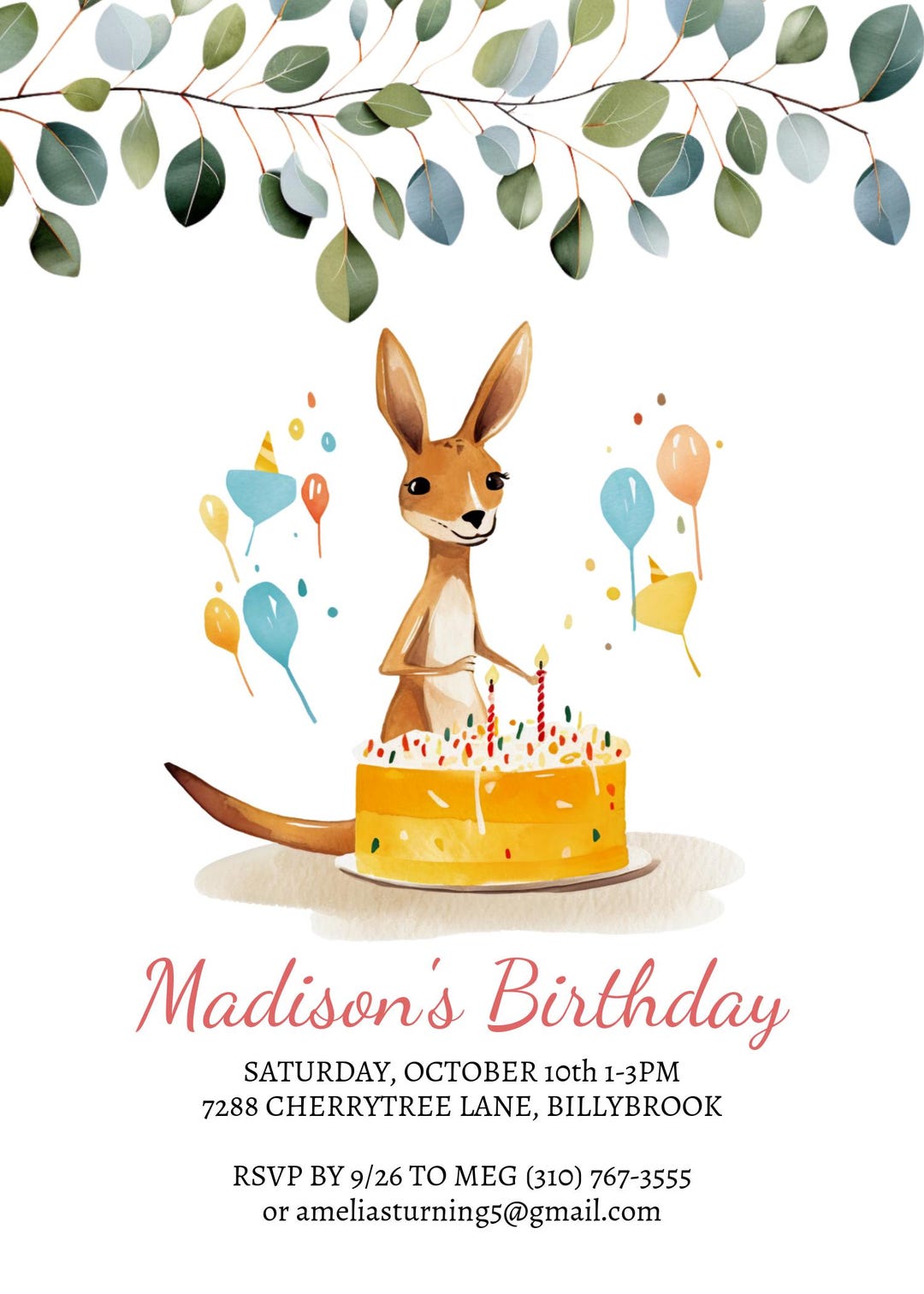 Cute Kangaroo Birthday Bash Invite, Kangaroo Editable Party Invite ...