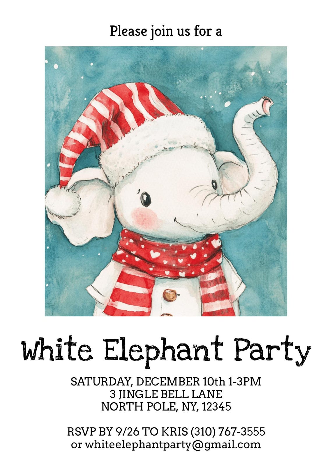 Cute White Elephant Holiday Party Invitation Template, Customizable ...