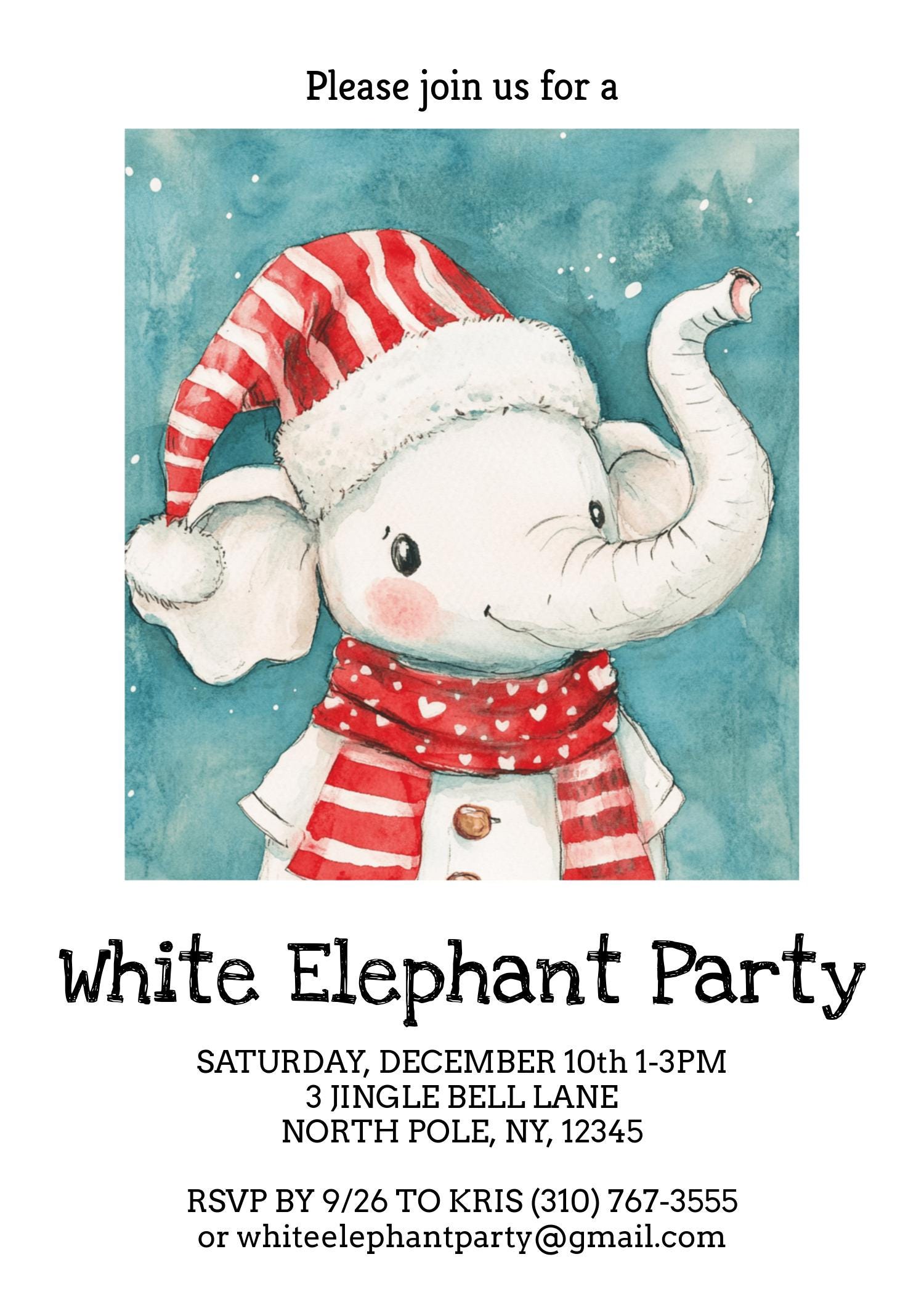 Cute White Elephant Holiday Party Invitation Template, Customizable ...