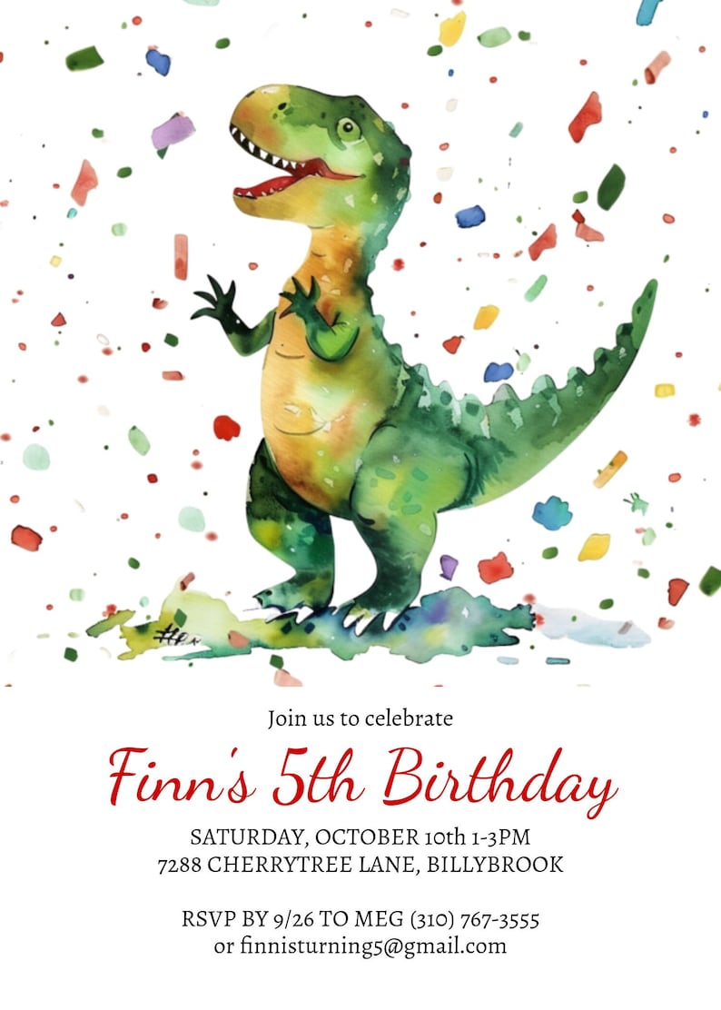 Dinosaur Happy Birthday Customizable Invitation, T-rex Kids Birthday ...