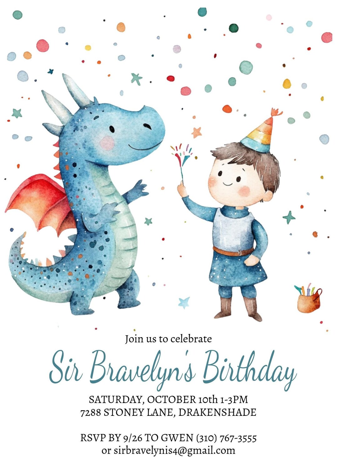 Cute Dragon Medieval Kids Birthday Party Invitation Template ...