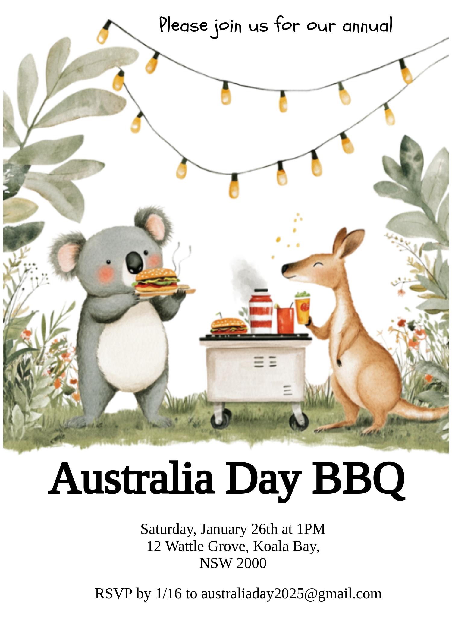 Cute Australia Day Party Invitation 2025, Koala & Kangaroo BBQ Digital ...