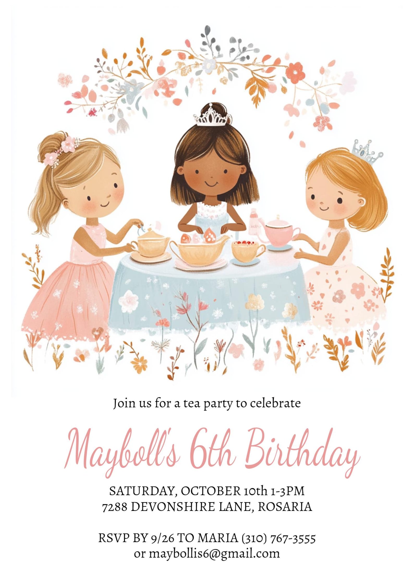 Cute Princess Tea Party Birthday Party Customizable Invitation, Digital ...